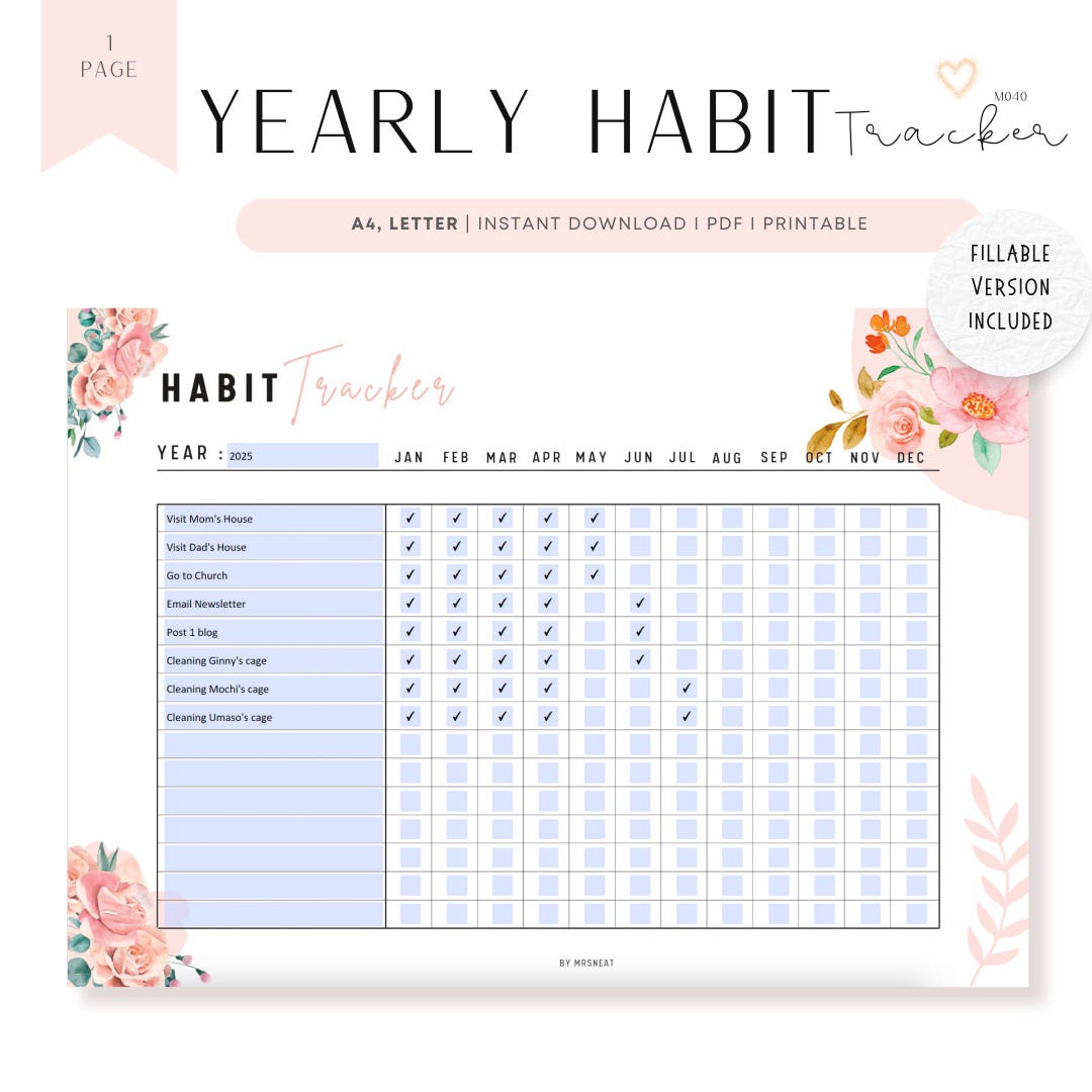Yearly Habit Tracker Printable, Fillable Yearly Habit Trackers, Habit ...