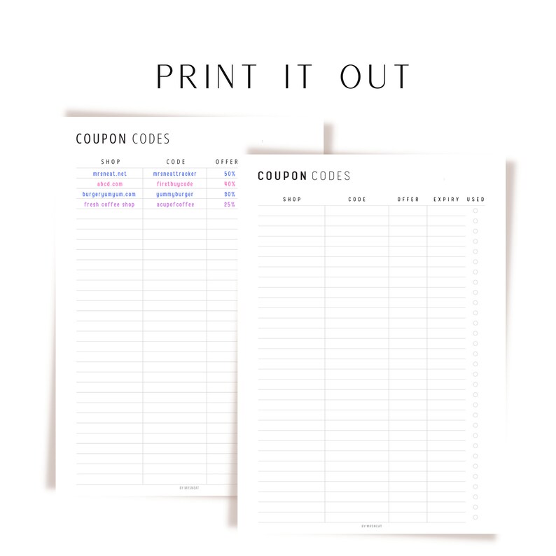 Fillable Coupon Code Tracker PRINTABLE, Coupon Code Template, Coupon ...