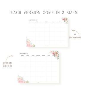 Undated Editable Monthly Planner Printable Landscape, Floral Theme ...