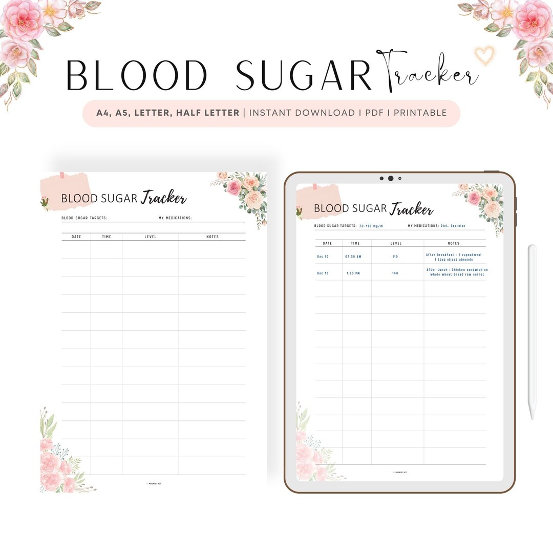 PRINTABLE Floral Blood Sugar Tracker, Glucose Page, FILLABLE Daily ...