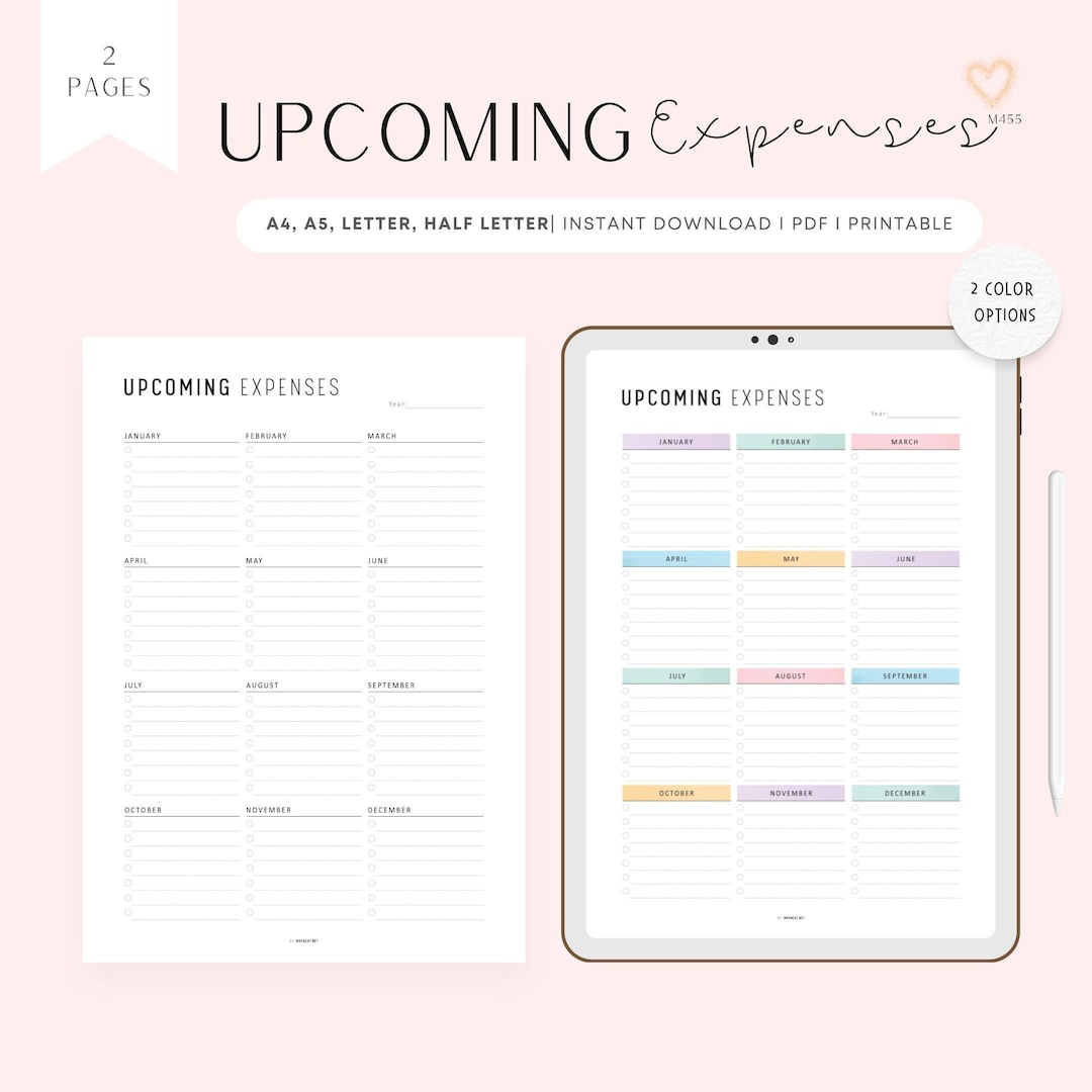 Upcoming Expenses Printable, Fillable Yearly Spending Overview, Budget ...