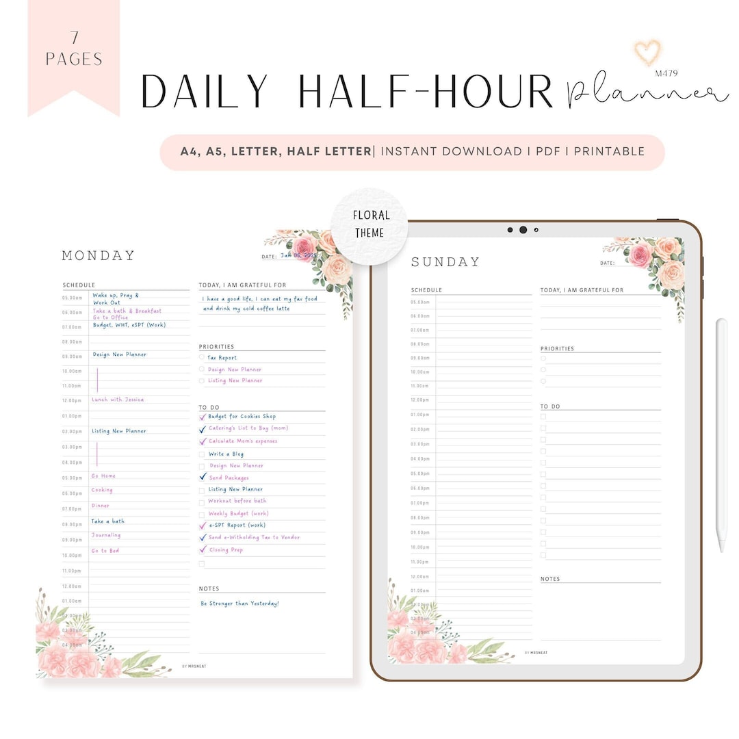 Fillable Daily Planner Printable, 7 Day Planner, Half Hour Schedule ...