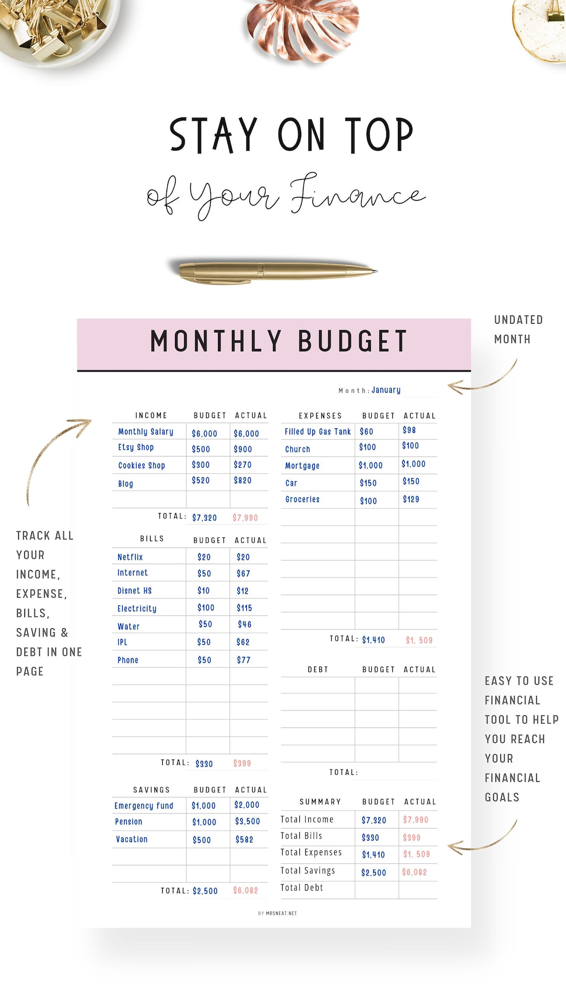 Monthly Budget Planner Template Printable, Finance Overview Sheet, PDF ...