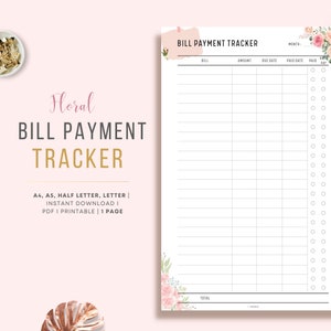 Floral Monthly Bill Payment Tracker Printable Bill Tracker - Etsy