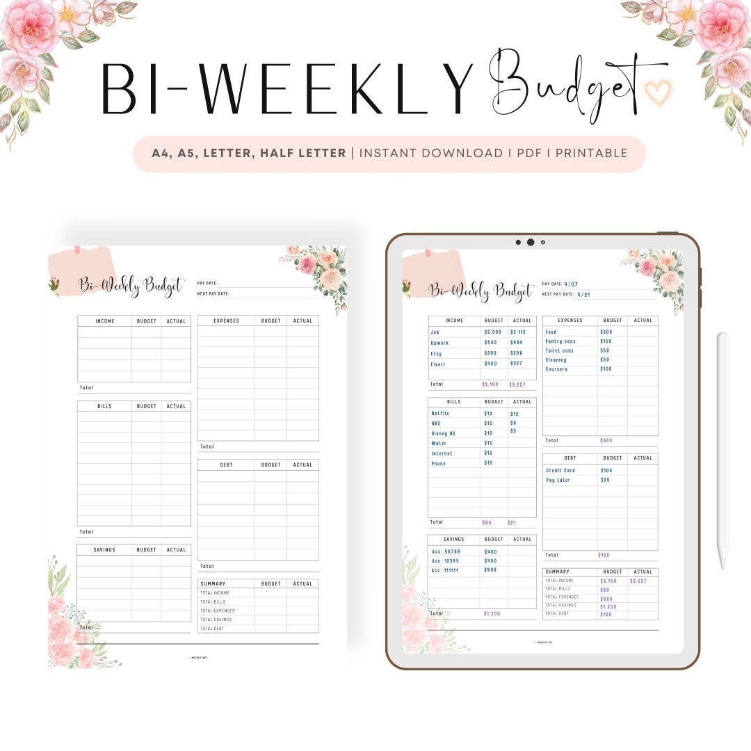 Floral Bi-weekly Budget Planner PRINTABLE: A4, A5, Letter, Half Letter ...
