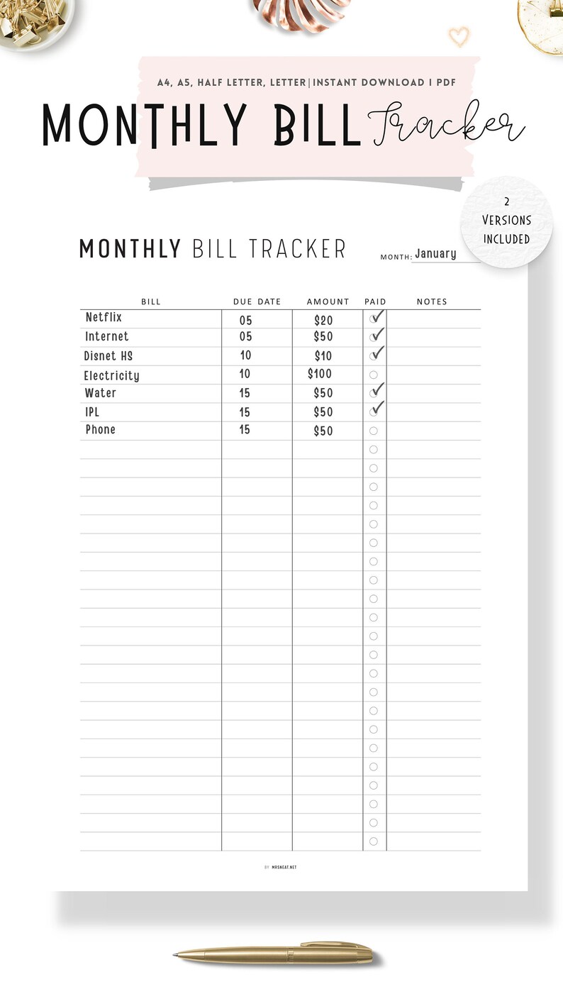 Monthly Bill Tracker Printable, Bill Payment Checklist, Bill Organizer ...