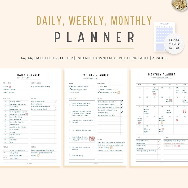 FILLABLE Minimalist Planner Bundle: Daily, Weekly, Monthly (printable ...