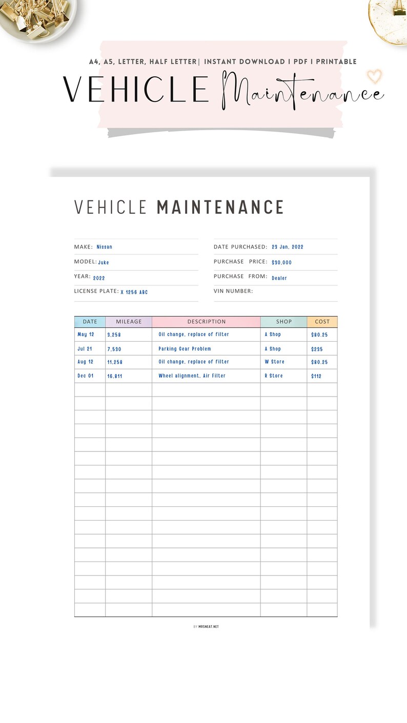 FILLABLE Vehicle Maintenance Log: Colorful Car Service Record PRINTABLE ...