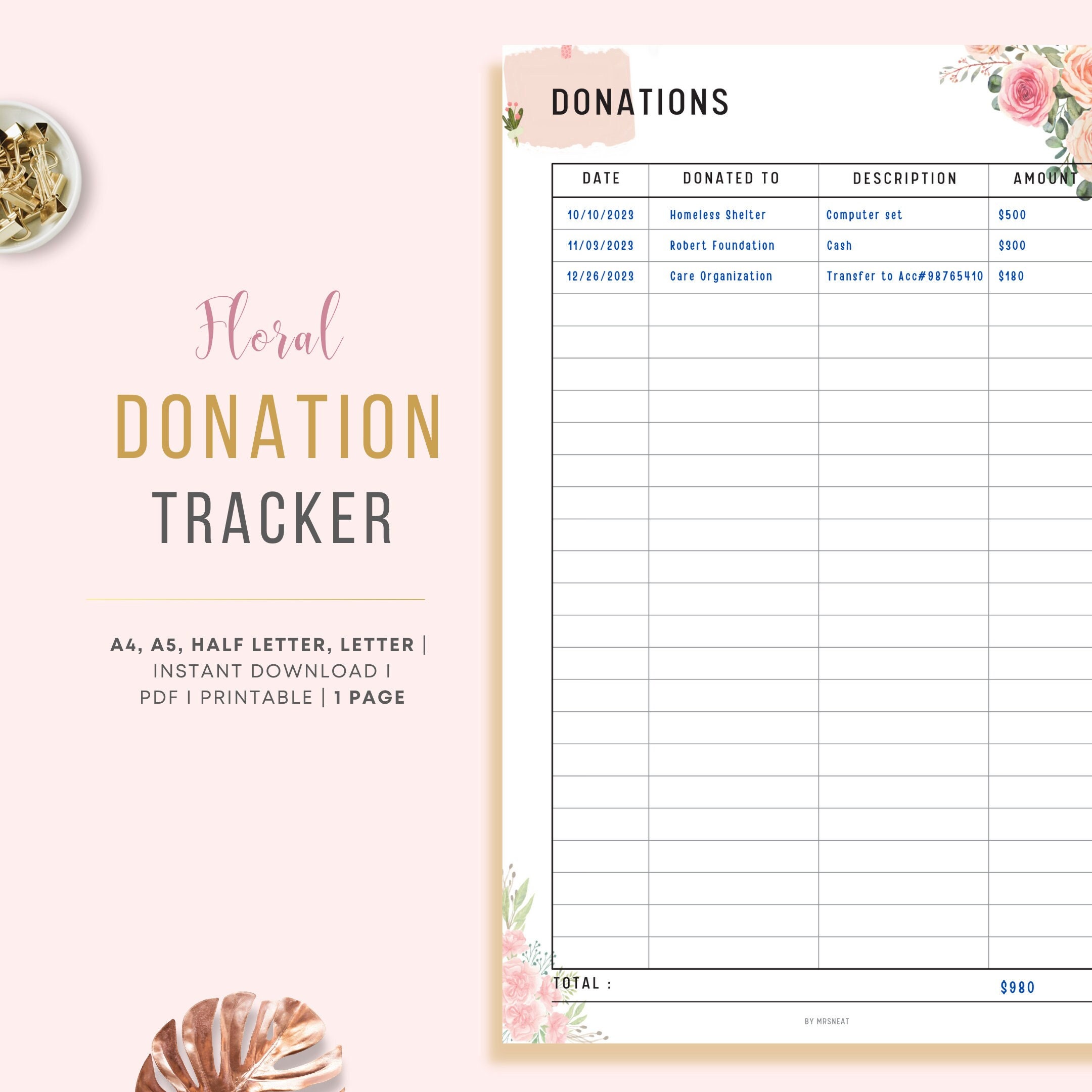 Floral Donation Tracker Printable, Charity Donation Tracker, PDF, A4 ...