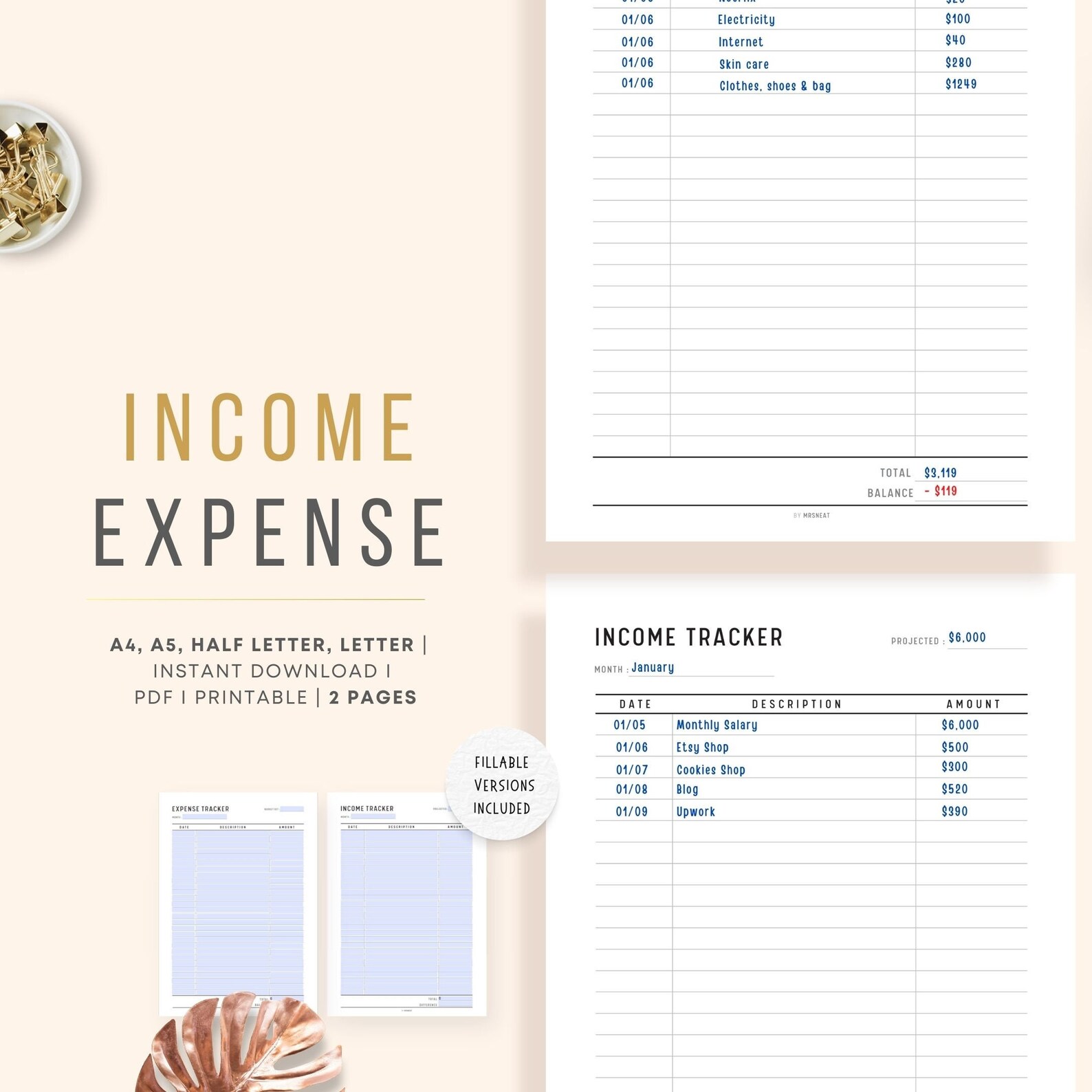 Income Expenses Tracker Printable for Personal and Small Business ...