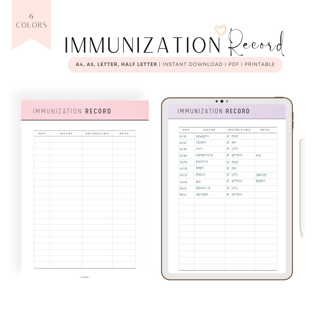 Printable Immunization Record, Vaccine Record Template, PDF, A4, A5 ...