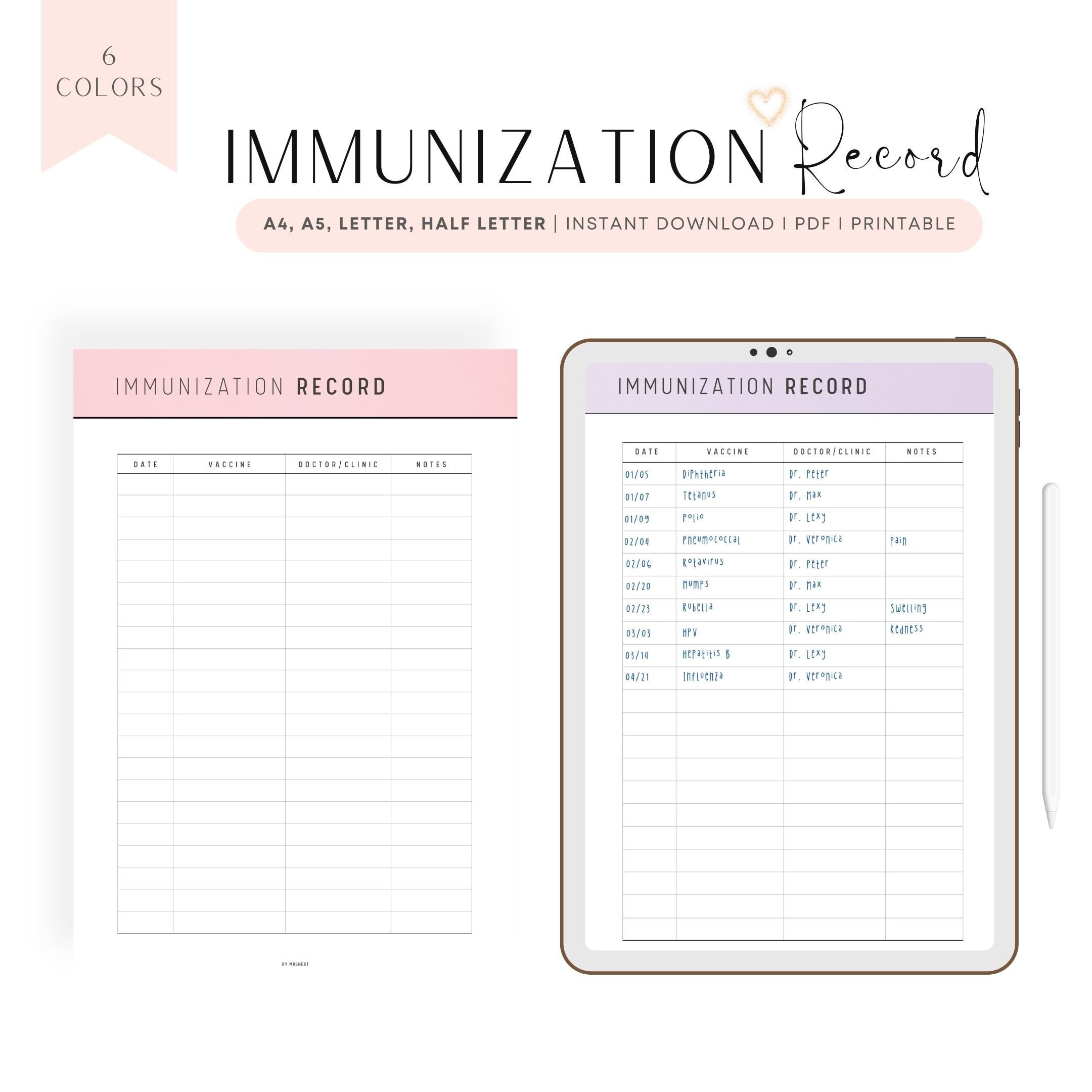 Printable Immunization Record, Vaccine Record Template, PDF, A4, A5 ...
