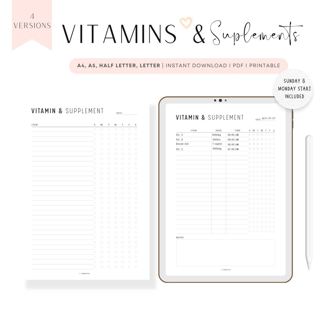 Fillable Weekly Vitamin Tracker Printable, Supplement Checklist, Daily ...