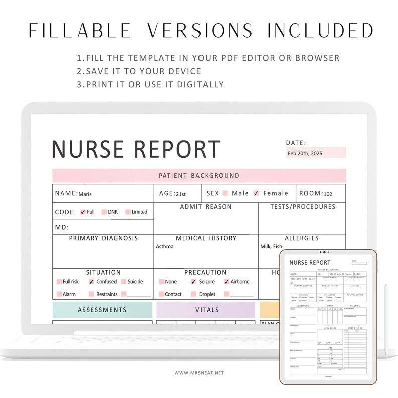FILLABLE Nurse Report Sheet: PRINTABLE Patient Reporting Template. PDF ...