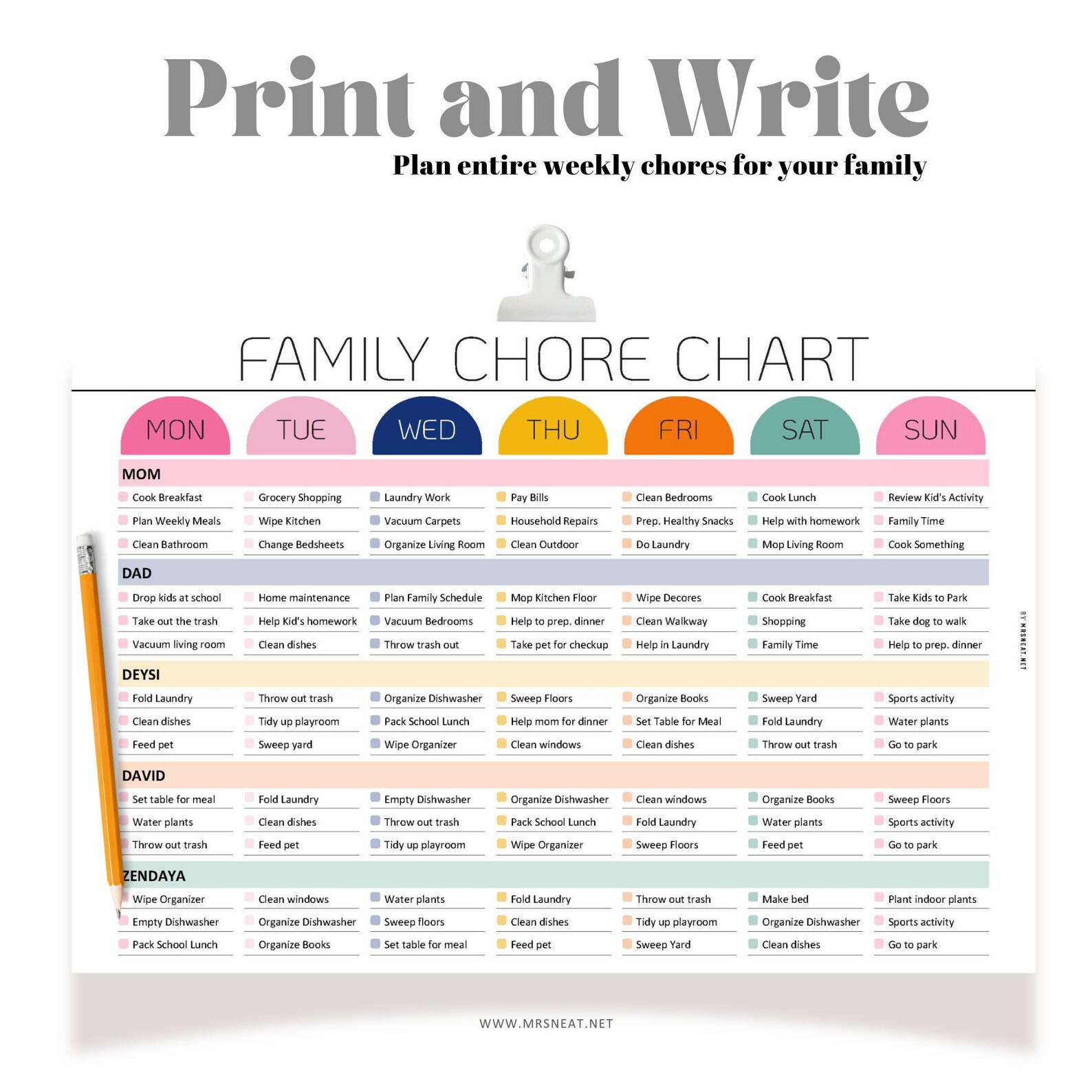 Weekly Family Chore Chart Editable and PRINTABLE, Family Chore List ...