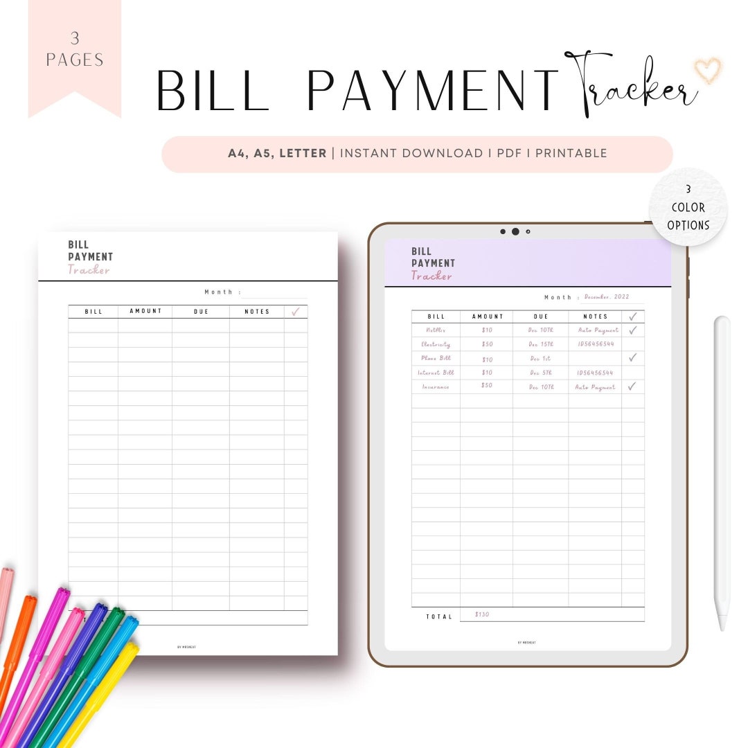 Bill Payment Tracker Printable, Spending Tracker Sheet, Fillable Bill ...