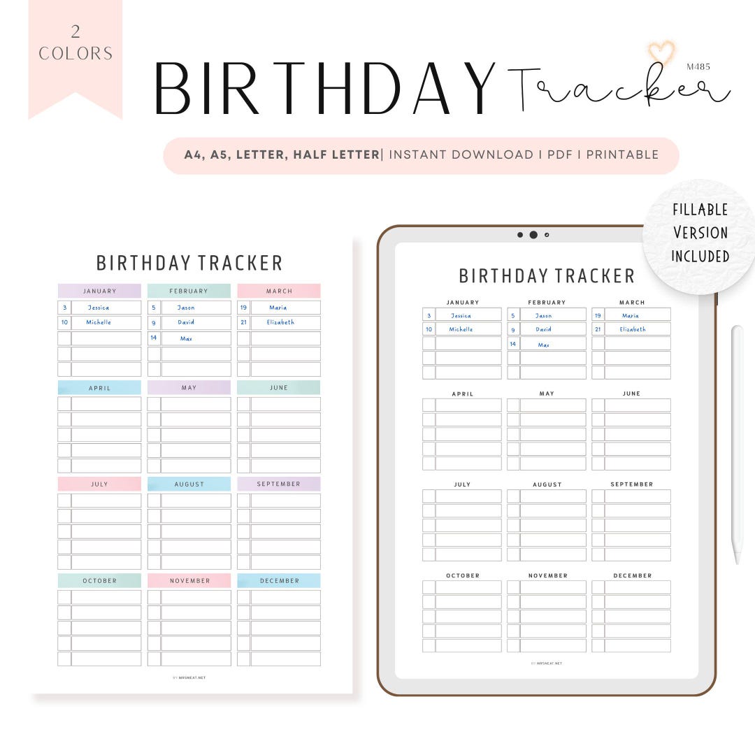Printable Birthday Tracker, Editable Birthday List, Birthday Planner ...