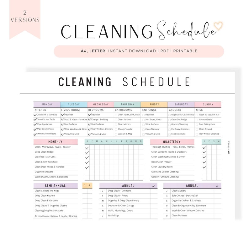 Colorful Cleaning Schedule Template PRINTABLE: FILLABLE Checklist (a4 ...