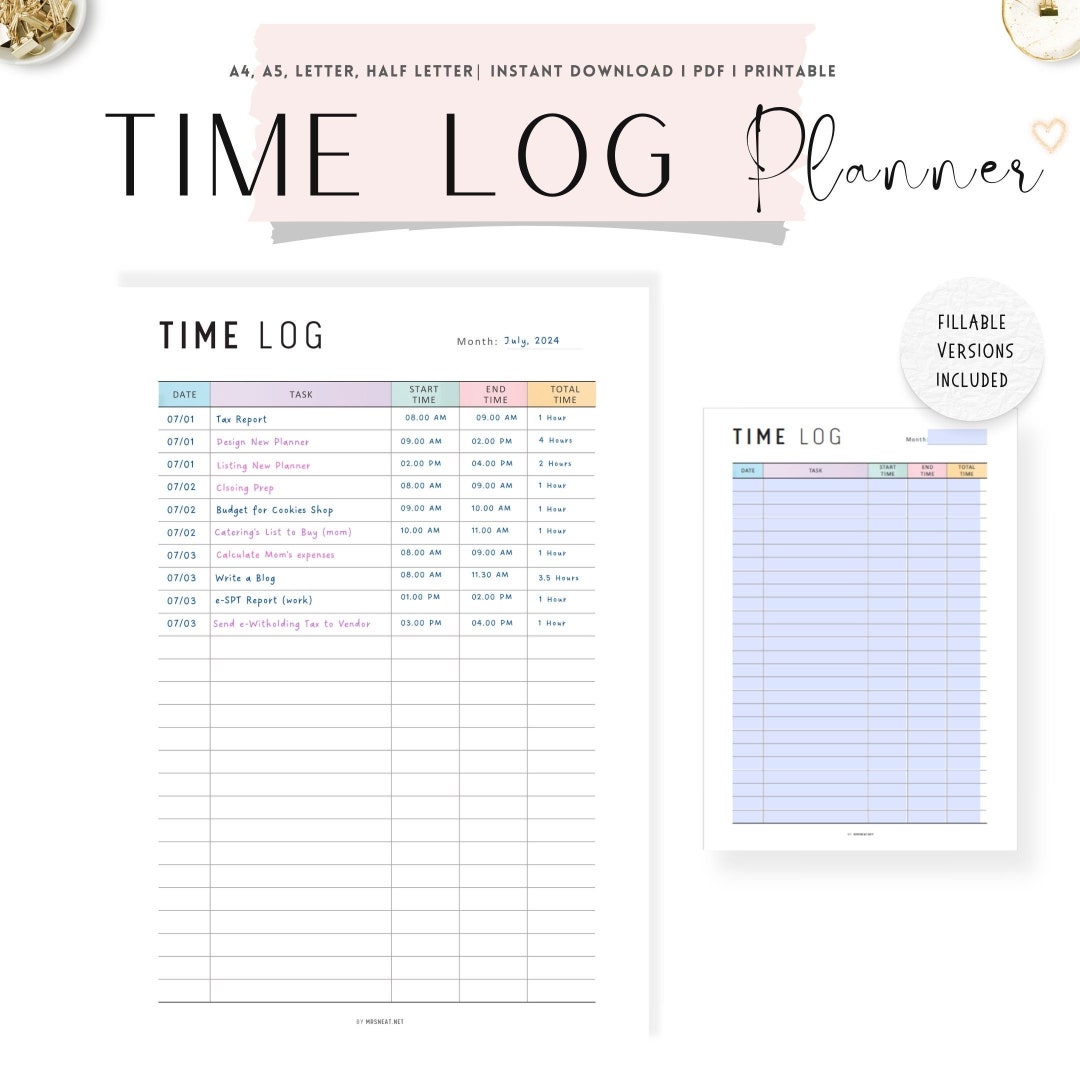 Time Management Planner Printable, Fillable Time Log Template, Monthly ...