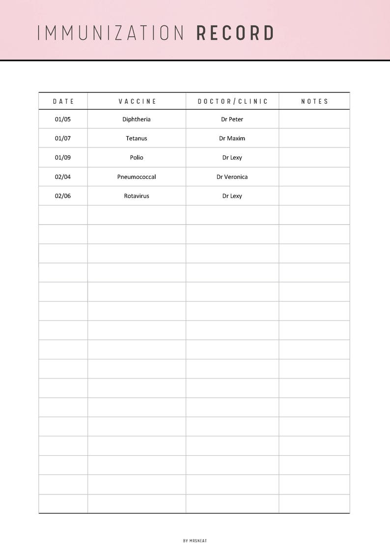 PRINTABLE Immunization Record Template: 6 Colors (FILLABLE PDF) - Etsy