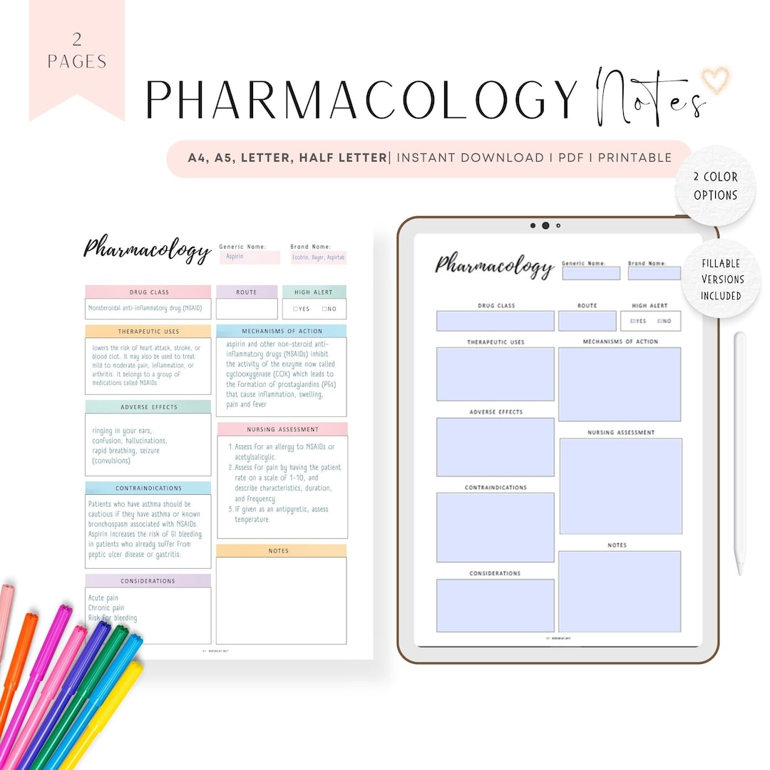 Pharmacology Notes Template PRINTABLE, FILLABLE Nursing Drug Card ...