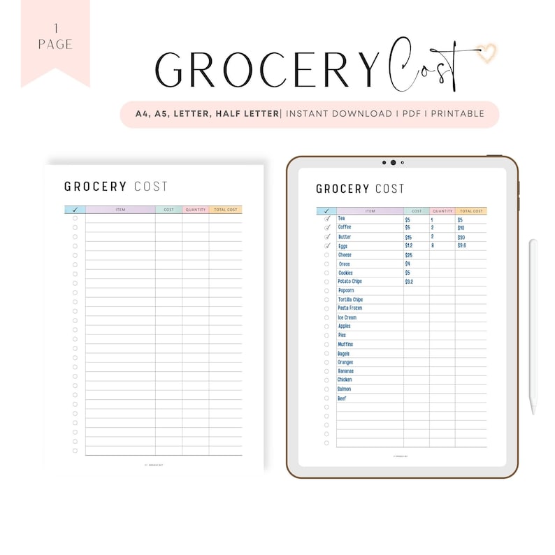 Fillable Grocery Budget Planner Printable, Grocery Cost List, PDF ...