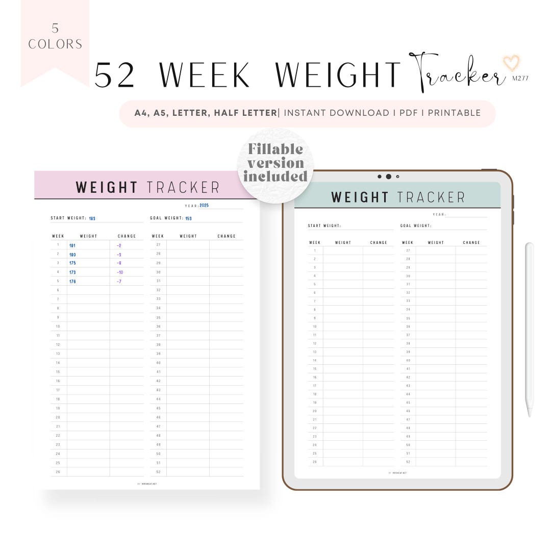 52 Week Weight Tracker Printable, Weight Loss Tracker Template ...