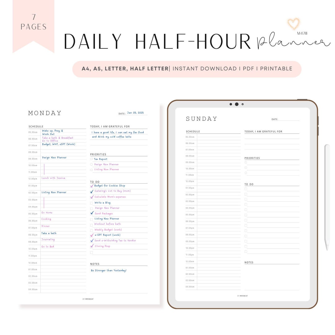 Daily Half Hour Planner, 7 Day Planner Printable, Undated Daily Planner ...