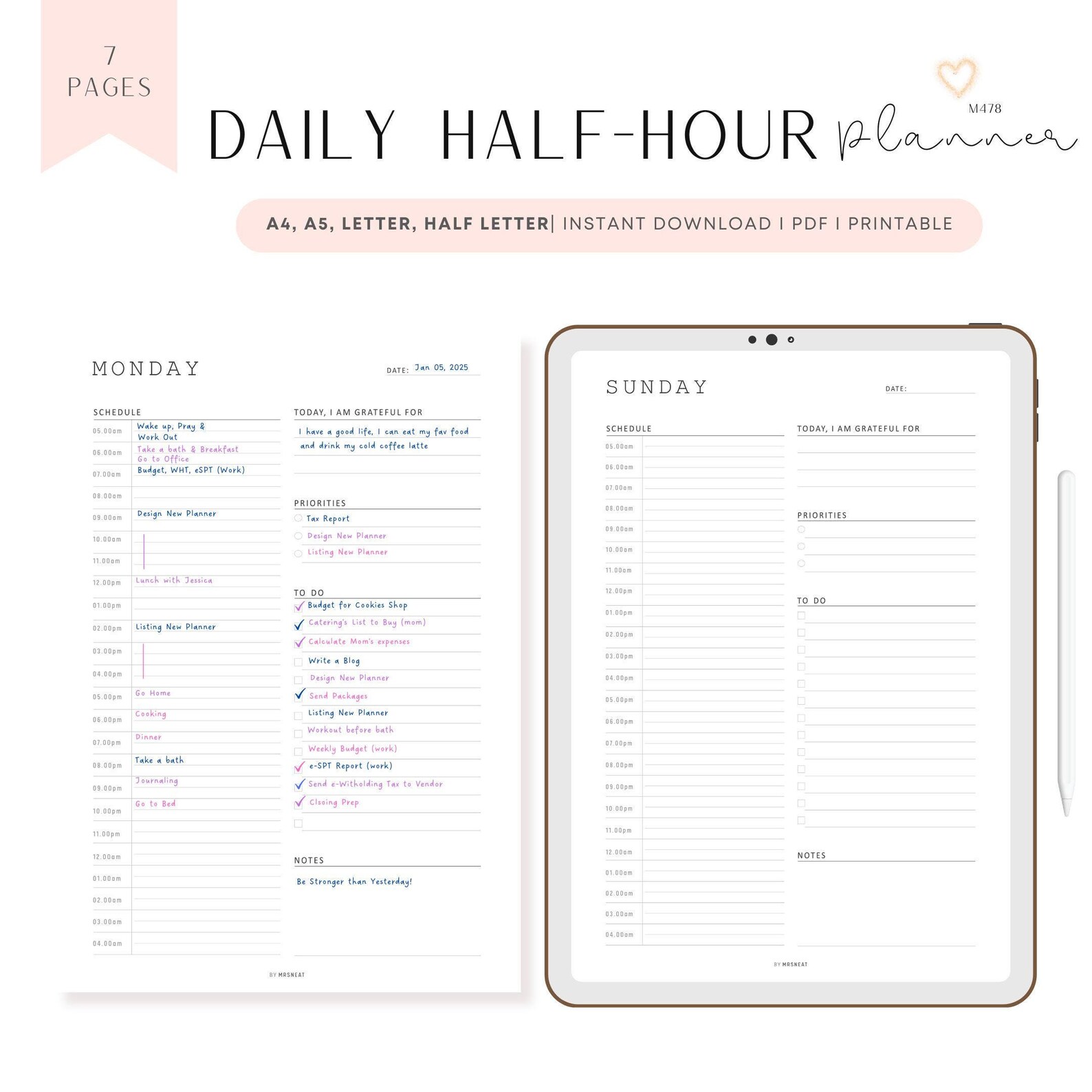 FILLABLE Daily Half Hour Planner PRINTABLE: Undated (PDF) - Etsy