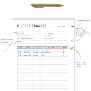Mileage Tracker Printable, Mileage Log Template, Colorful Page ...
