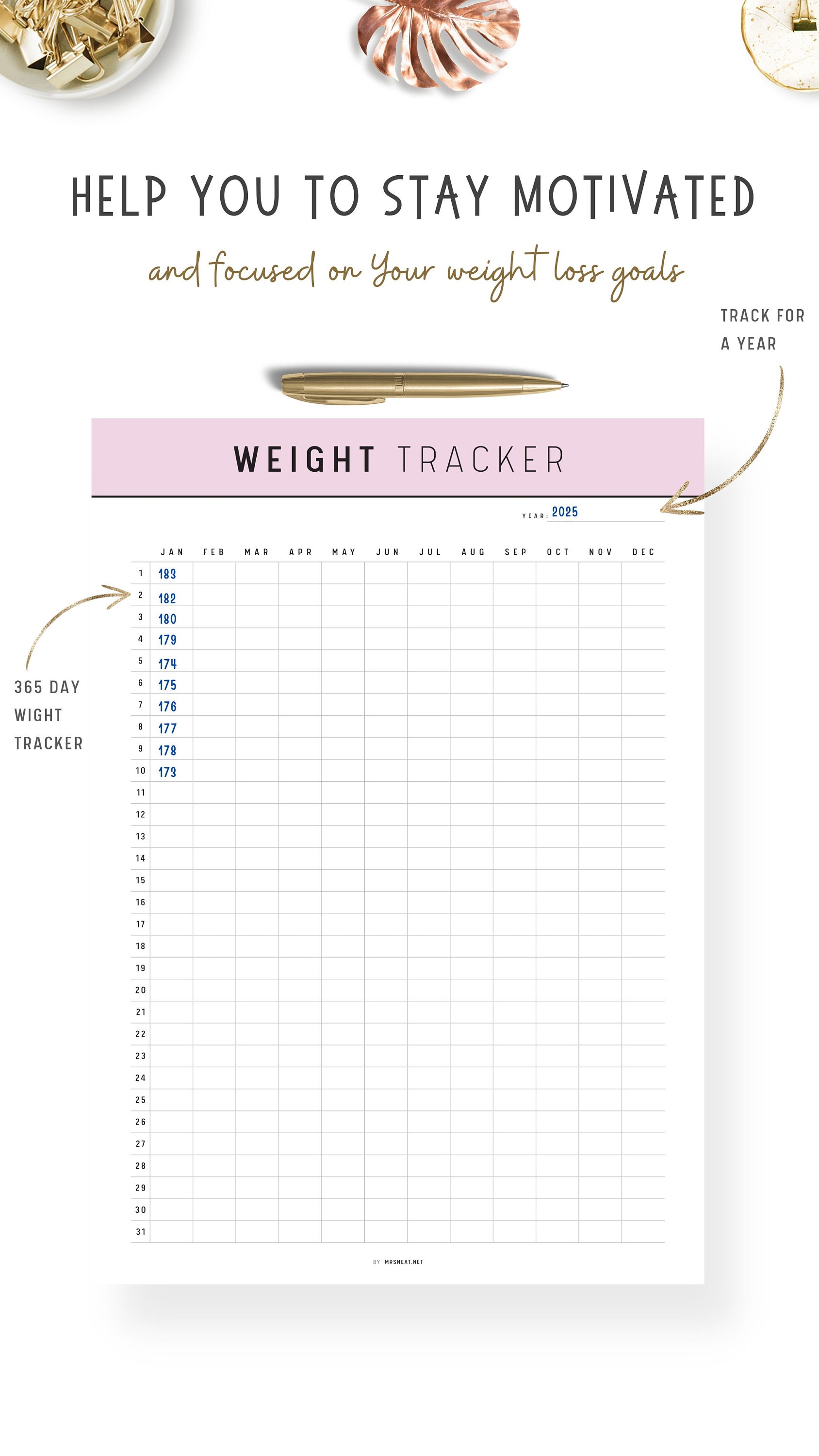 365 Day Weight Tracker Printable, Daily Weight Journal, Weight Loss ...