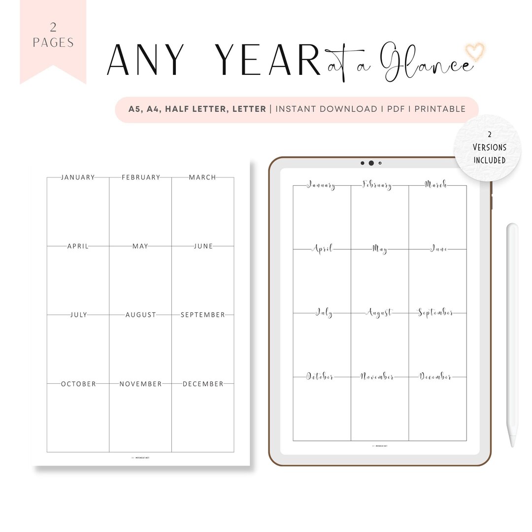 Any Year at A Glance, Yearly Planner, Annual Overview, Printable Yearly ...