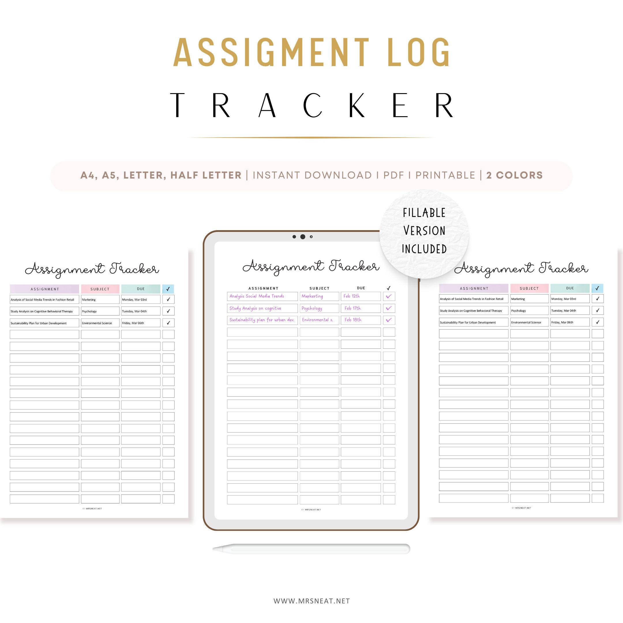Fillable Assignment Tracker Printable, Student Journal, Student Planner ...