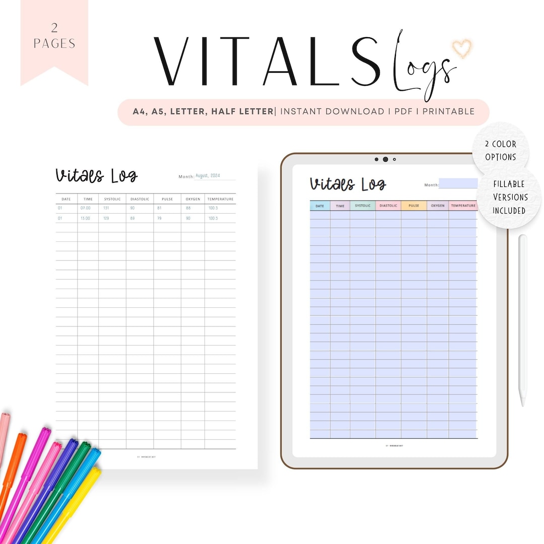 Printable Vitals Log Template, Fillable Blood Pressure Log, Vital Sign ...