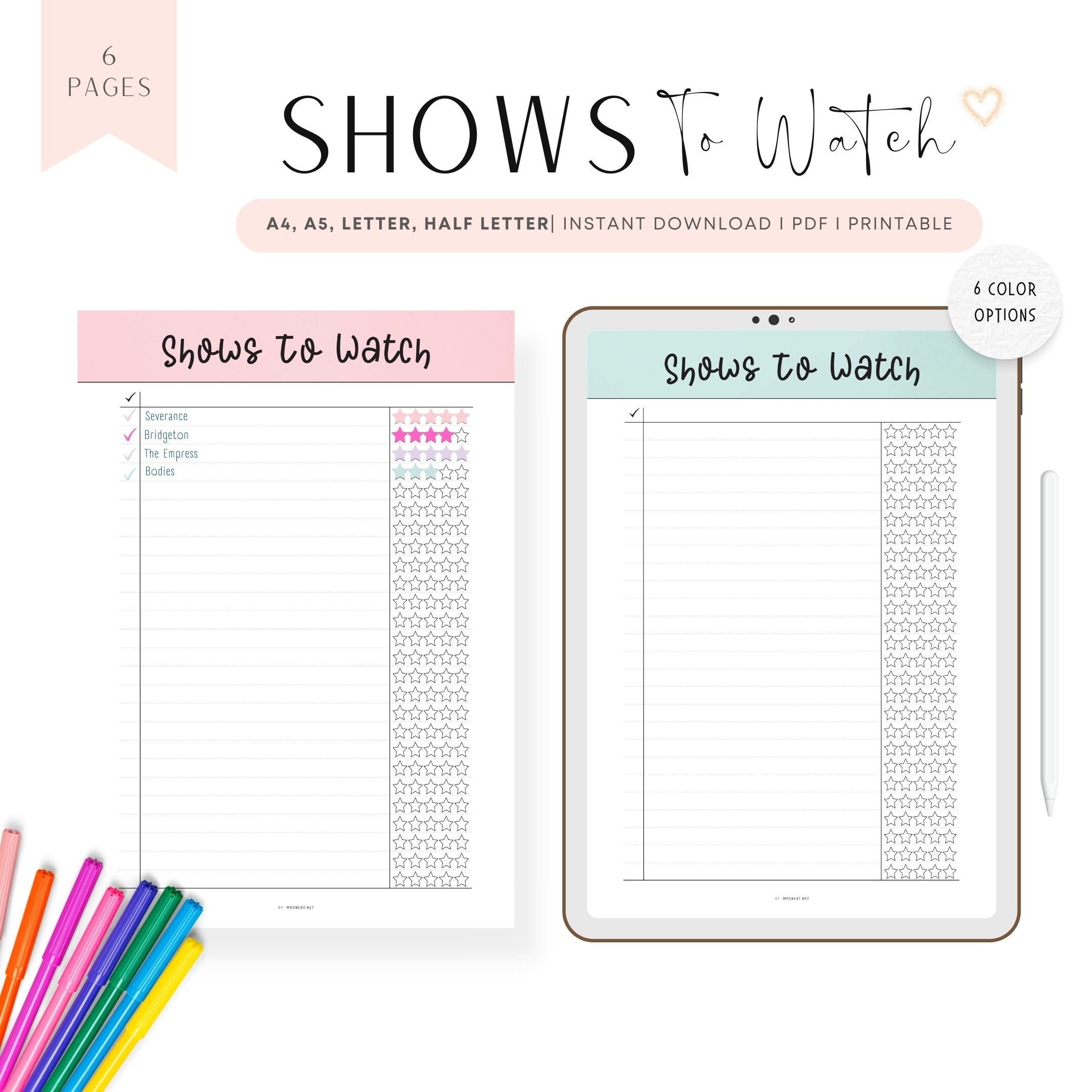Shows to Watch Printable, TV Show to Watch List, Shows Tracker, 6 ...