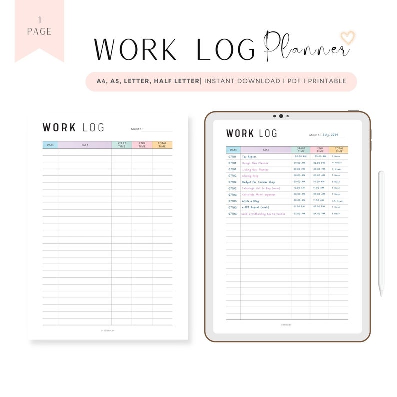 Editable Work Log Template, Work Log Printable, Monthly Work Log ...