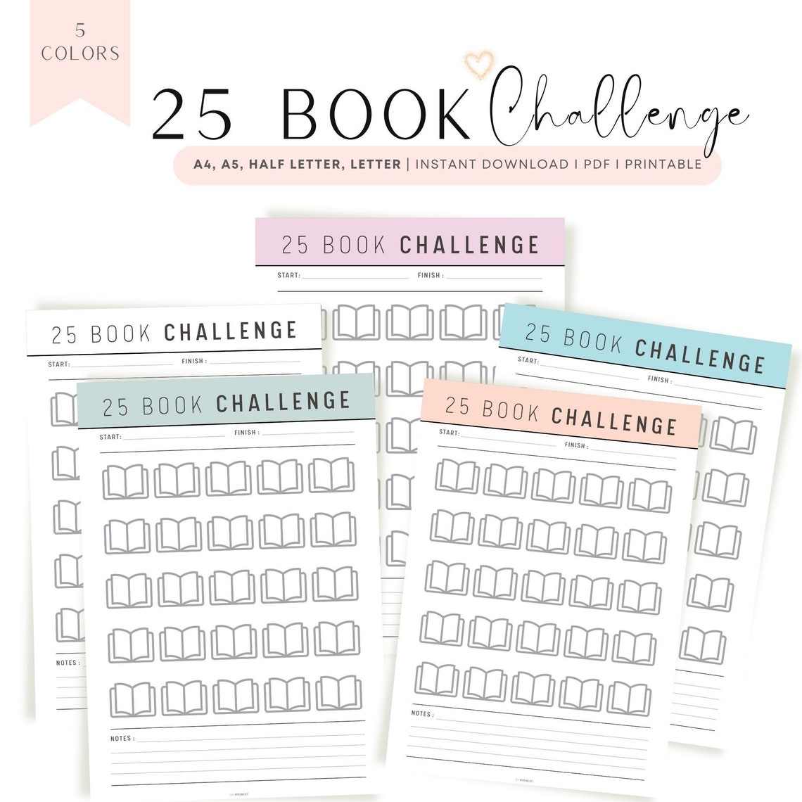 25 Book Challenge Printable, Reading Challenge Template, Pdf, A4, A5 ...