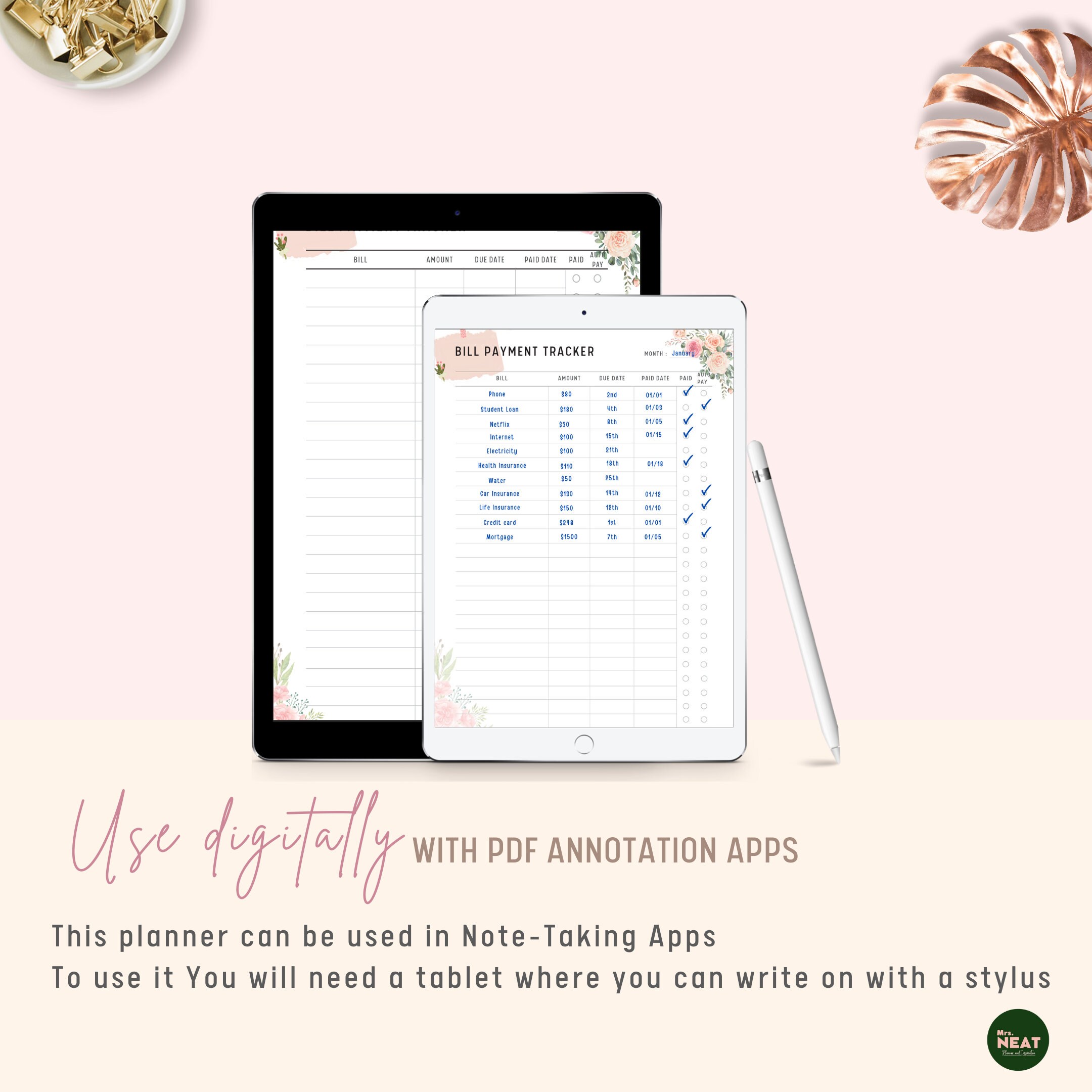 Floral Monthly Bill Payment Tracker Printable Bill Tracker - Etsy