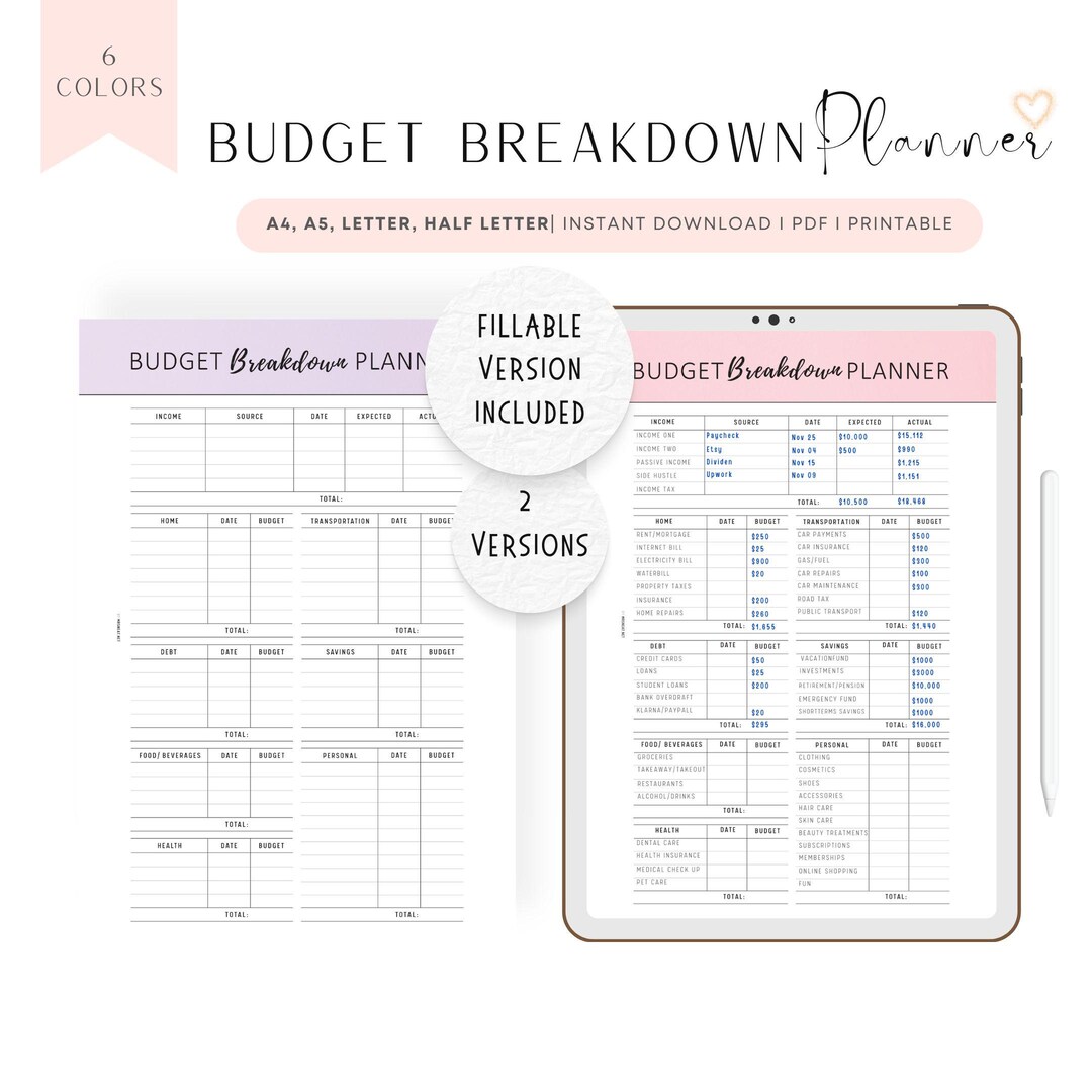Budget Breakdown Planner Template PRINTABLE: FILLABLE PDF, (A4, A5 ...