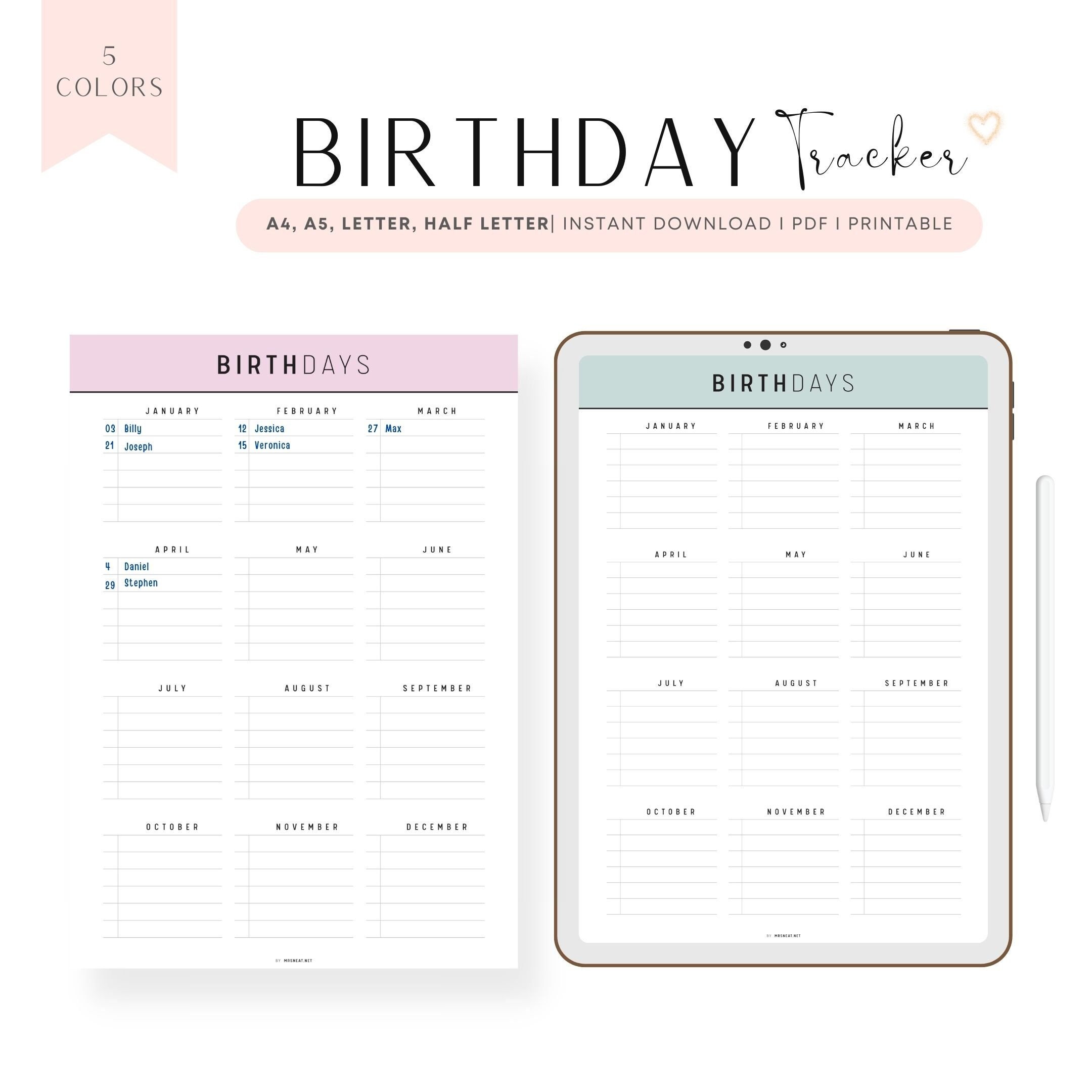 Birthday Tracker Printable Template, Fillable Birthday Calendar ...