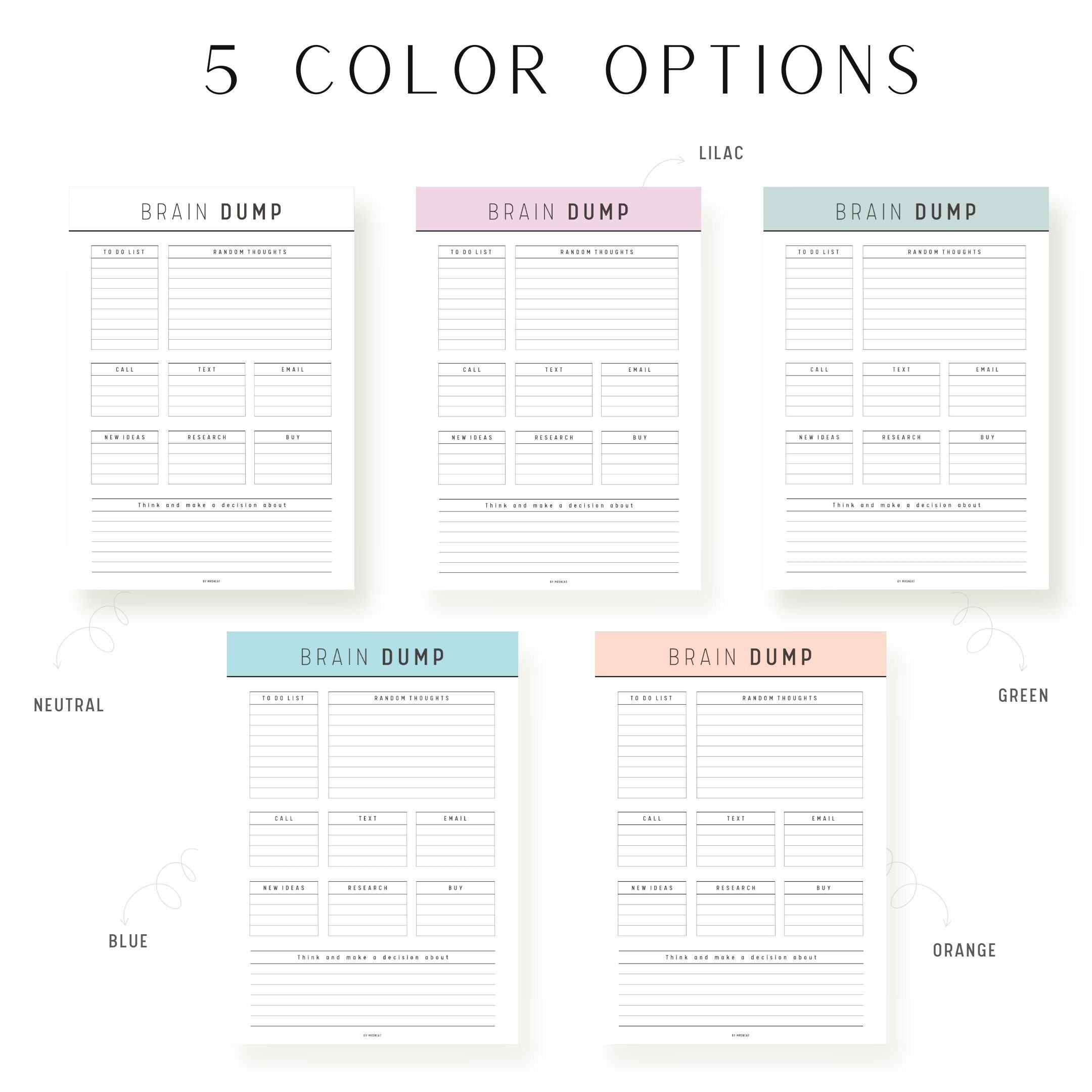 Brain Dump Printable: Thought Organizer, 5 Colors (PDF) - Etsy