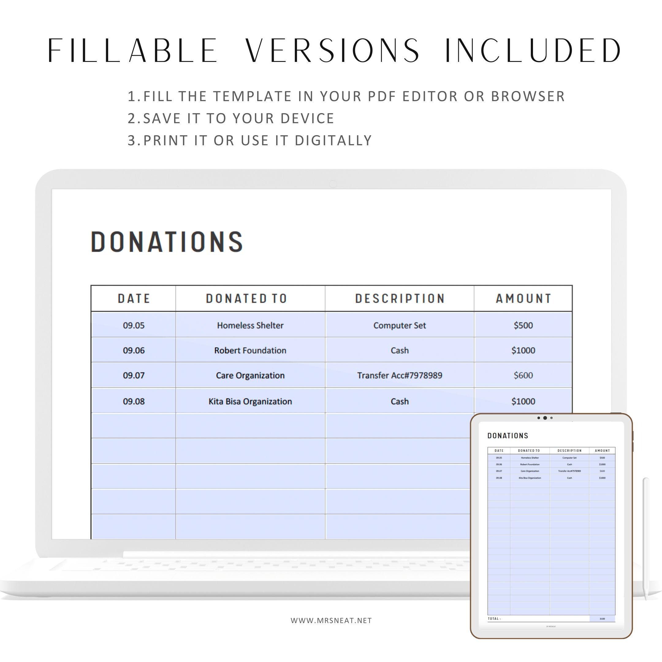 Fillable Donation Tracker Printable, Charity Donation Tracker, Charity ...