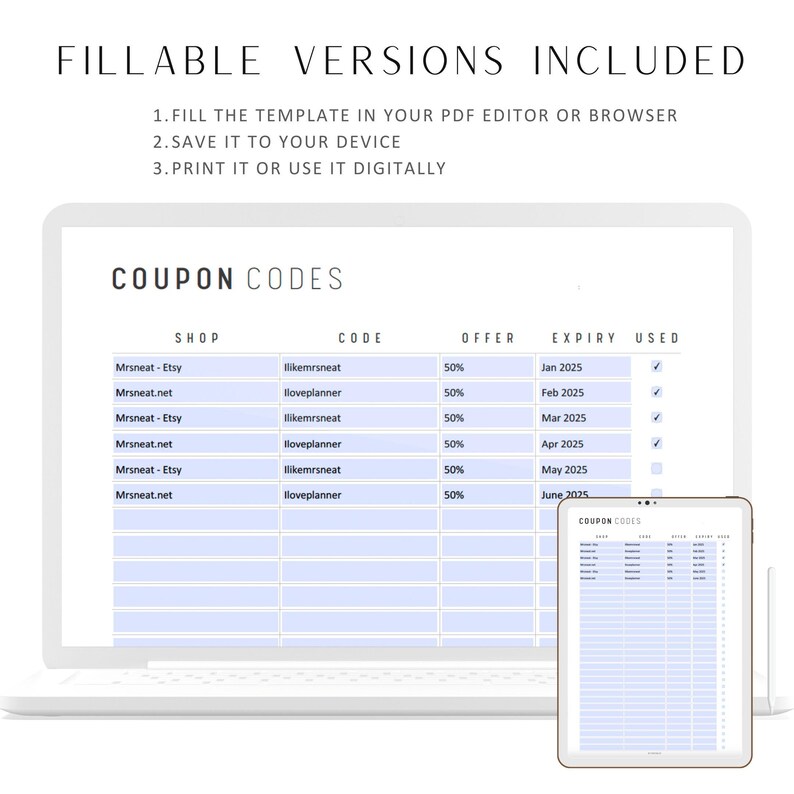 Fillable Coupon Code Tracker PRINTABLE, Coupon Code Template, Coupon Code Pages, Discount ...