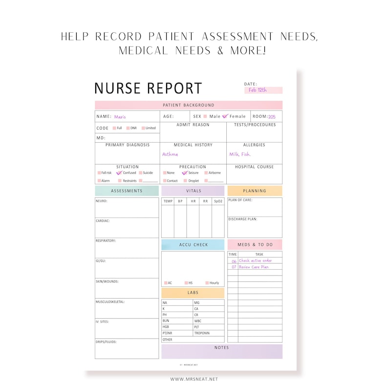 FILLABLE Nurse Report Sheet: PRINTABLE Patient Reporting Template. PDF ...