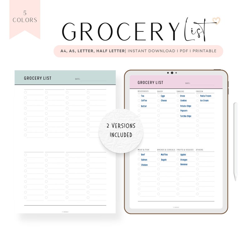 Fillable Grocery List Printable, Grocery Planner Template, Food ...