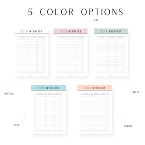 Fillable Book Wish List Printable: Reading Template, 5 Colors (A4, A5 ...