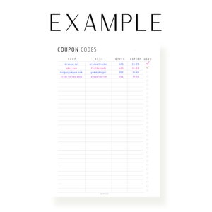 Fillable Coupon Code Tracker PRINTABLE, Coupon Code Template, Coupon ...
