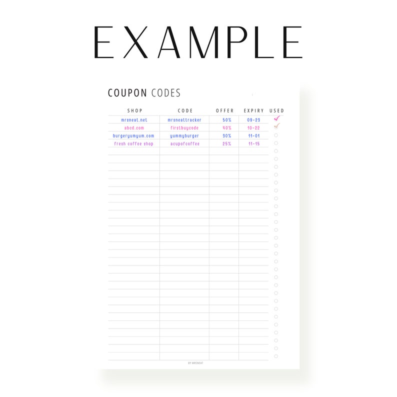 Fillable Coupon Code Tracker PRINTABLE, Coupon Code Template, Coupon ...