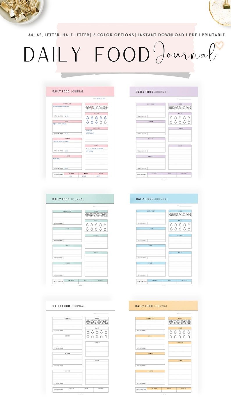 Printable Daily Food Journal Template, My Daily Food Diary, PDF, A4, A5 ...