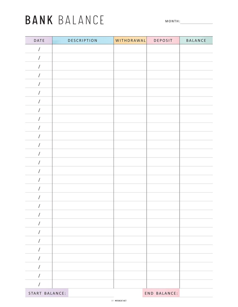 Bank Balance Sheet Printable, Savings Tracker, Banking Record, Finance ...